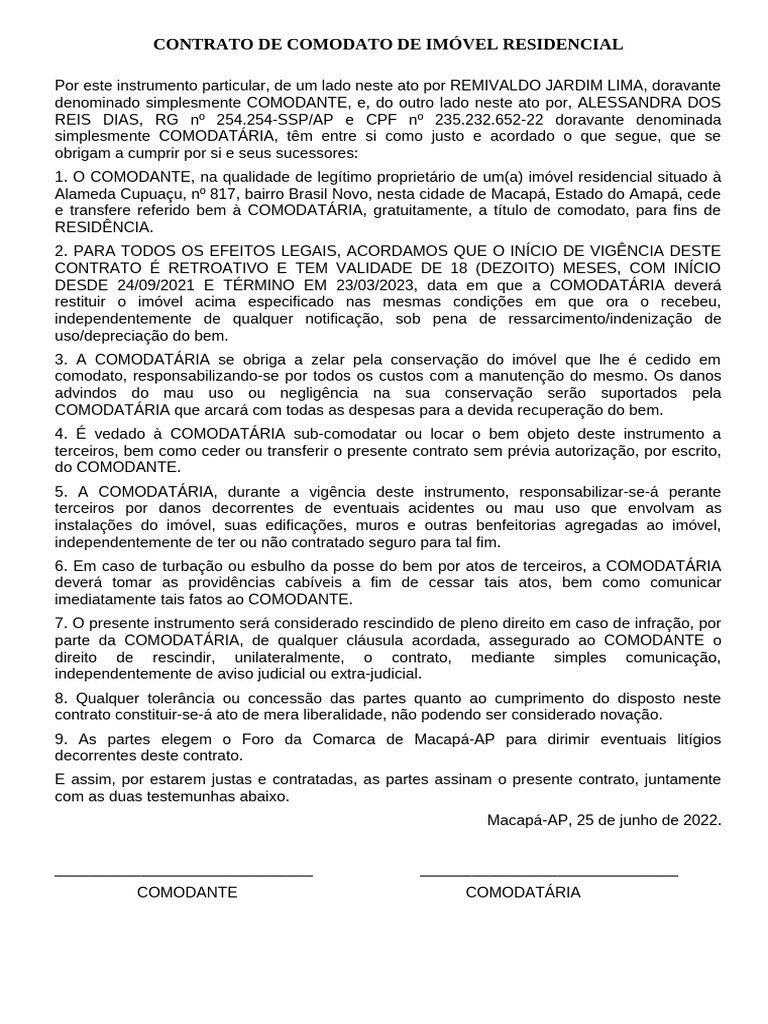 Contrato de Comodato de Imóvel 001 Modelo | PDF | Direito Privado