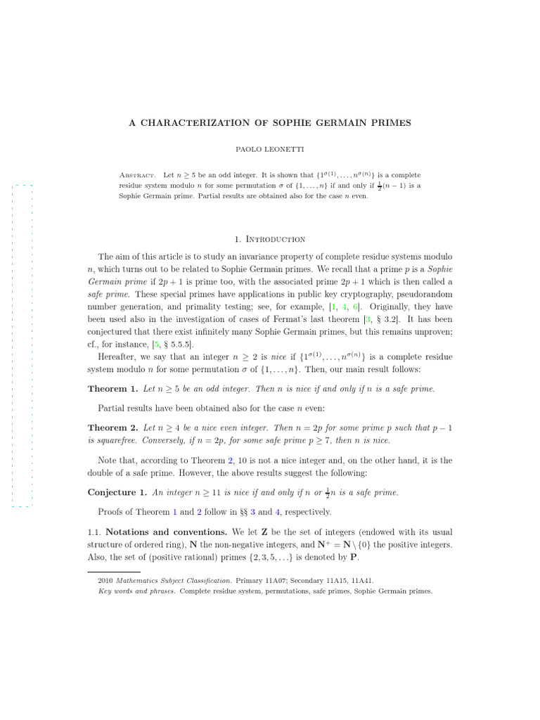 A Characterization of Sophie Germain Primes | PDF | Prime Number | Elementary Mathematics