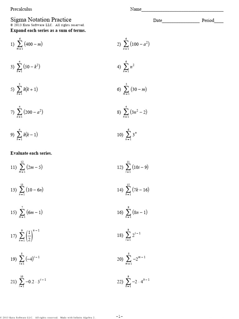 Sigma Notation Practice Worksheet | PDF | Mathematics