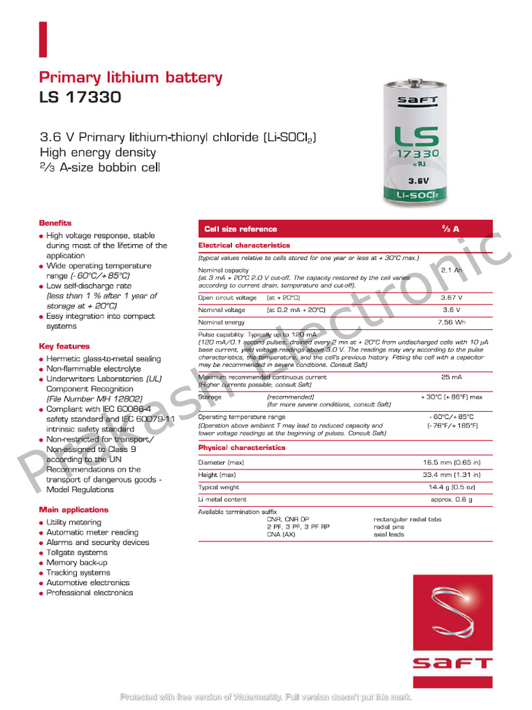 Saft ls17330 Industrial Lithium Battery | PDF