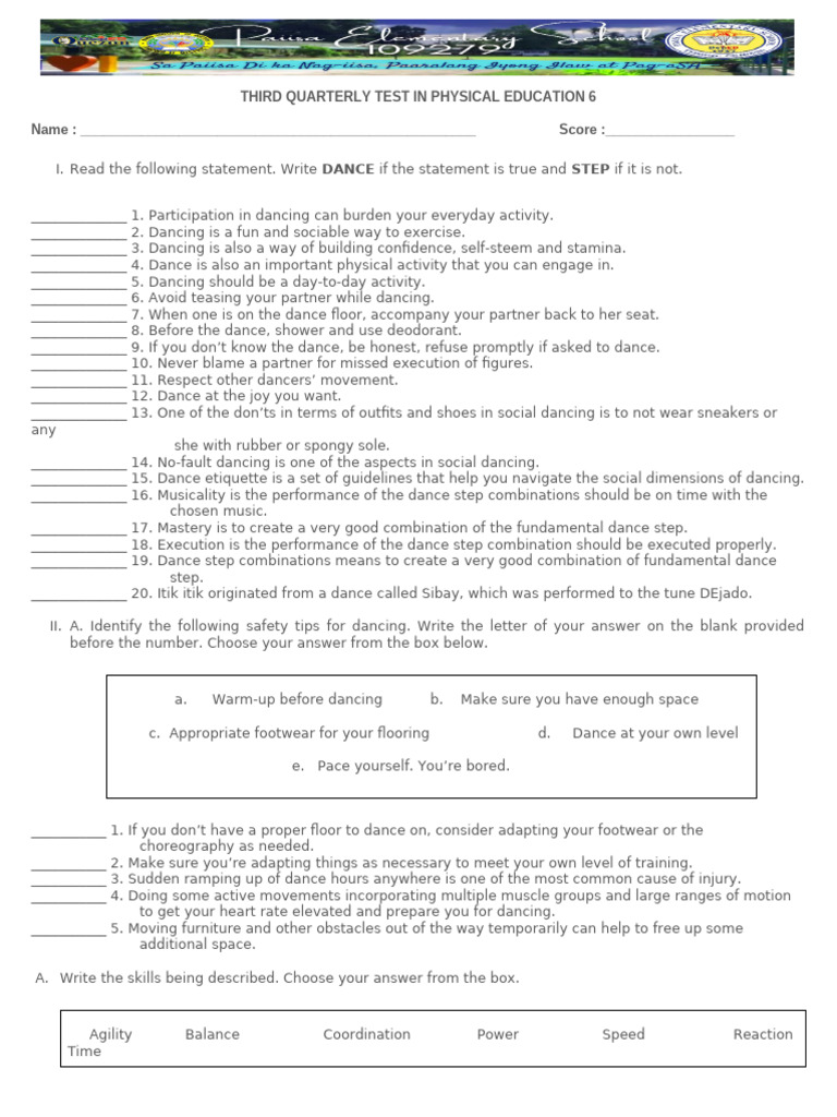 Third Quarterly Test in Physical Education 6 | PDF | Dances | Rhythm