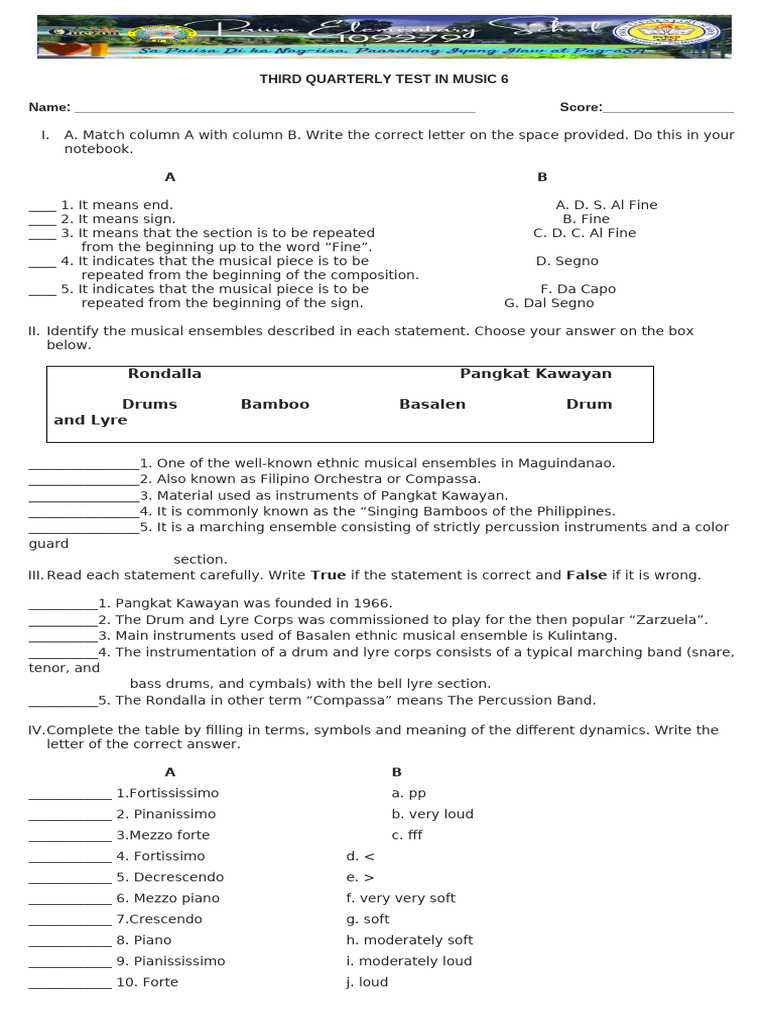 Music 6 Quarterly Test Guide | PDF | Musical Instruments | Performing Arts