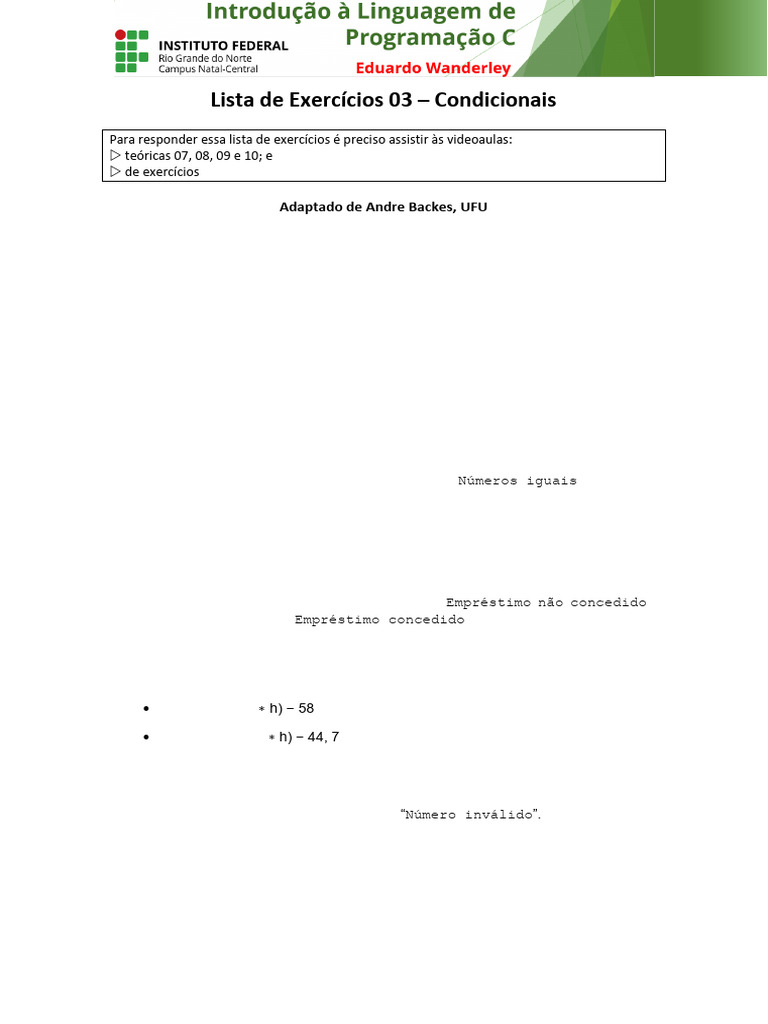 Lista de Exercícios 03 - Condicionais | PDF | Números | Matemática