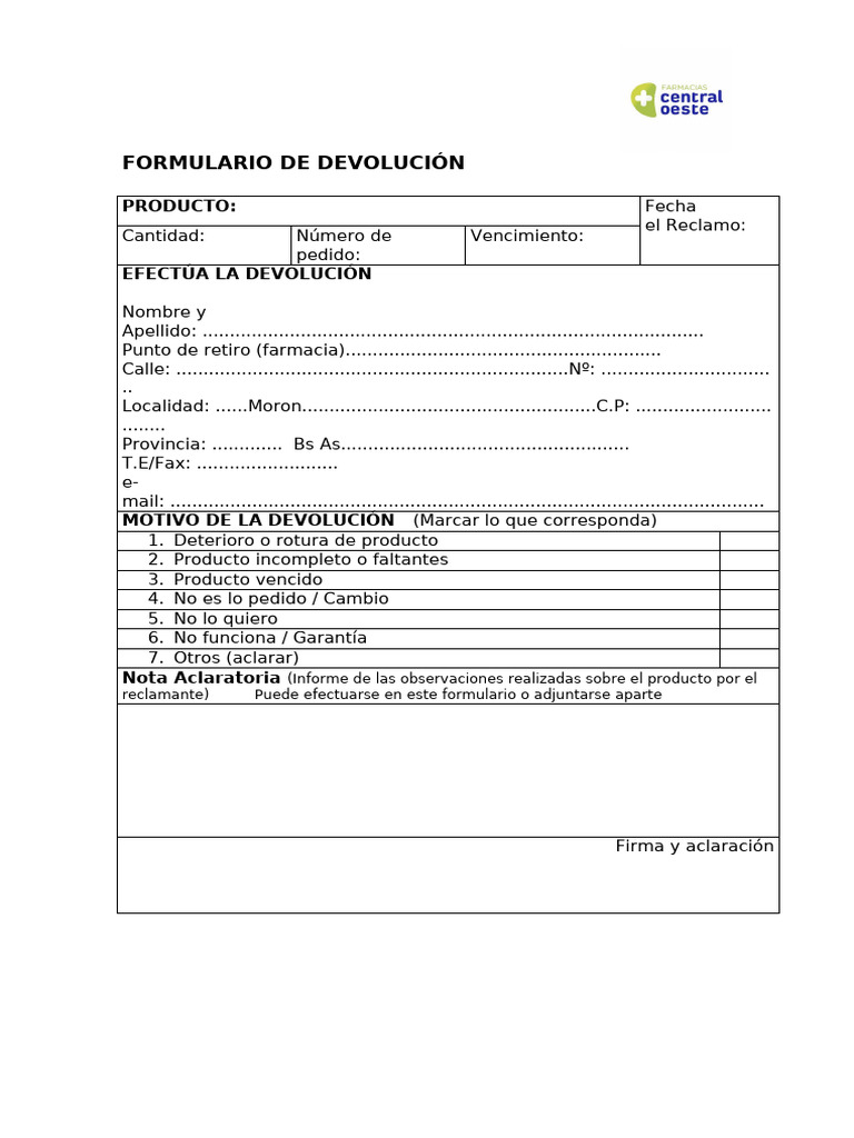Formulario de Devolución | PDF