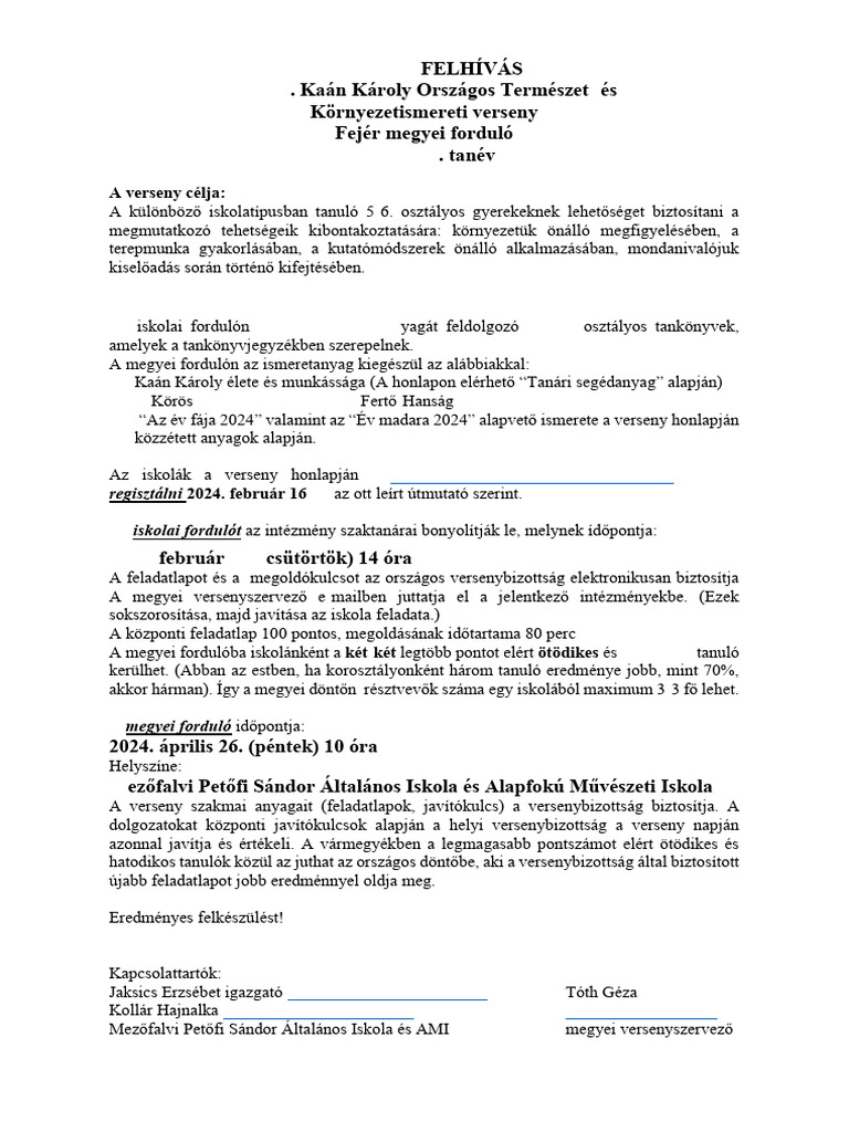 VERSENYFELHÍVÁS Kaán Fejér Megye 2024 | PDF