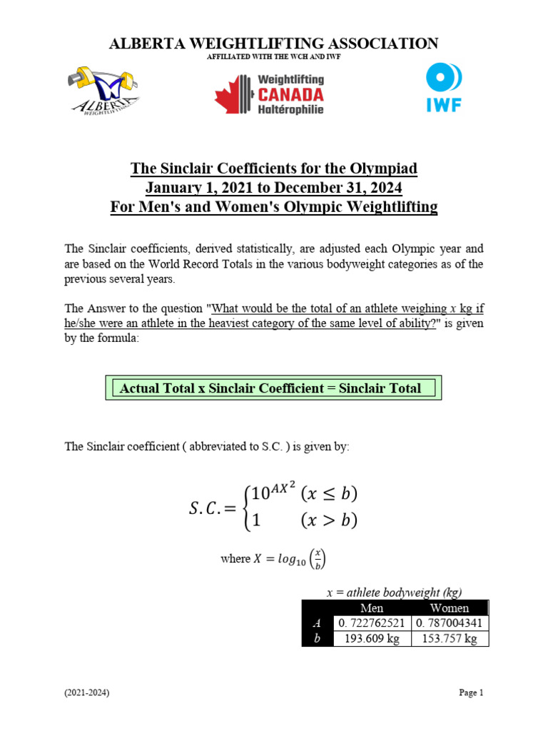 Sinclair Coefficients for Weightlifting | PDF | Statistical Analysis ...