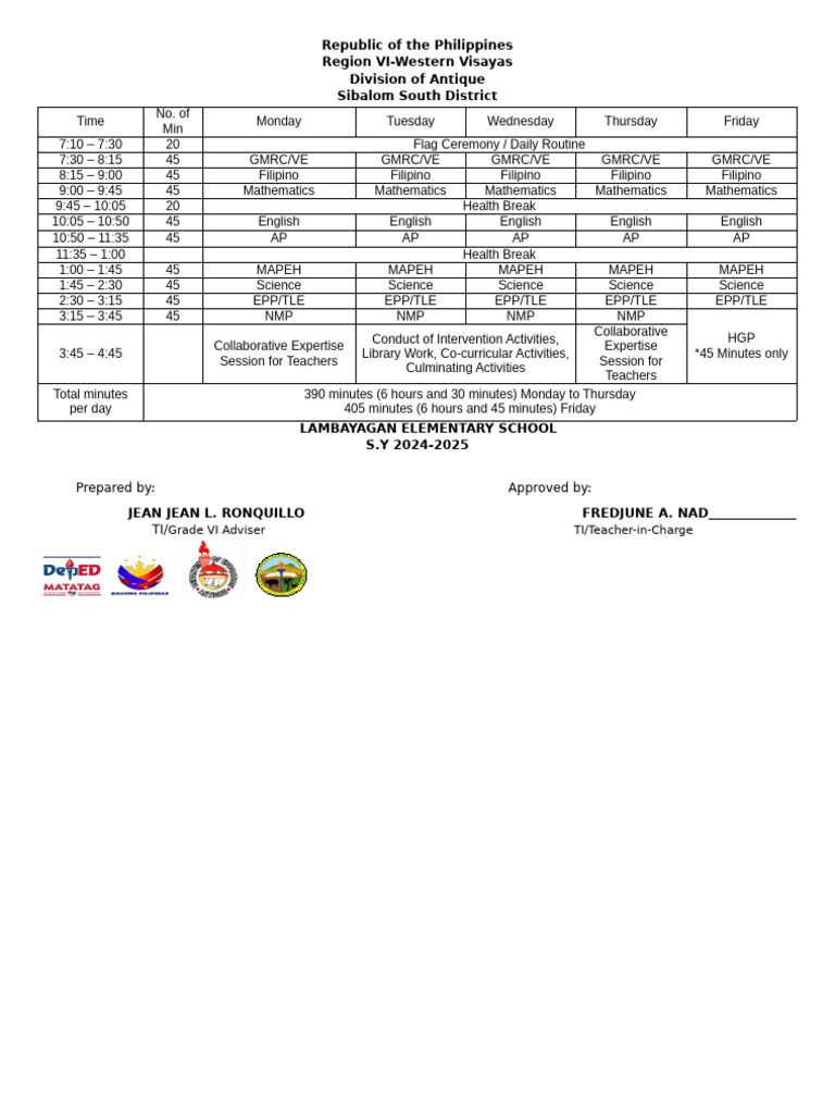 Sample Class Program For Grade 4 10 SY 2024 2025 | PDF