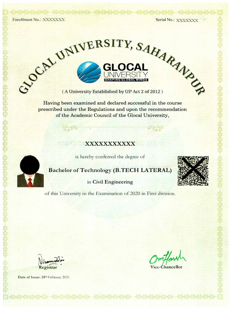 Glocal University B.Tech Degree Sample | PDF