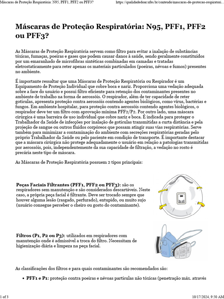 Máscaras de Proteção Respiratória - N95, PFF1, PFF2 Ou PFF3 - Núcleo de ...