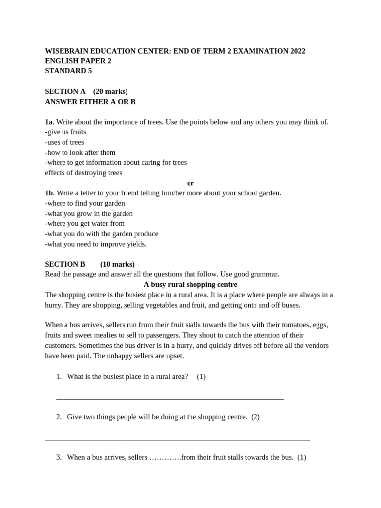 ENGLISH STD 5 PAPER 2 | PDF