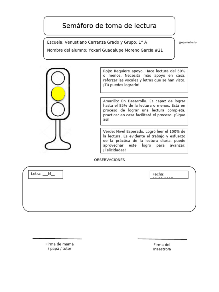 Semáforo de Lectura EDITABLE @elpofecharly | PDF