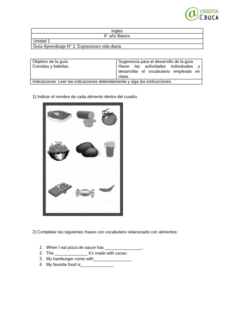Vocabulario de Comidas y Bebidas | PDF