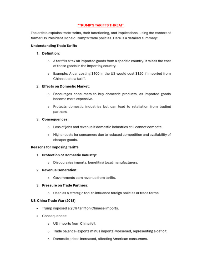 Summary - Trump's Tariff Threat | PDF | World Economy | International Trade