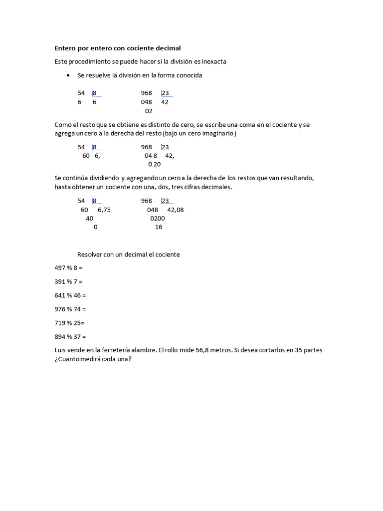 Entero Por Entero Con Cociente Decimal | PDF