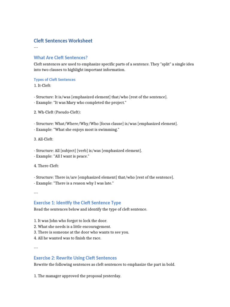 Cleft Sentences Worksheet | PDF | Semantics | Semantic Units