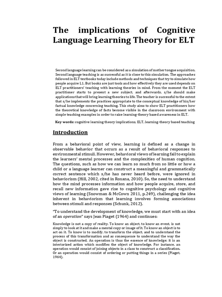 Article, The Implications of Cognitive Language Learning Theory For ELT | PDF | Learning Theory ...