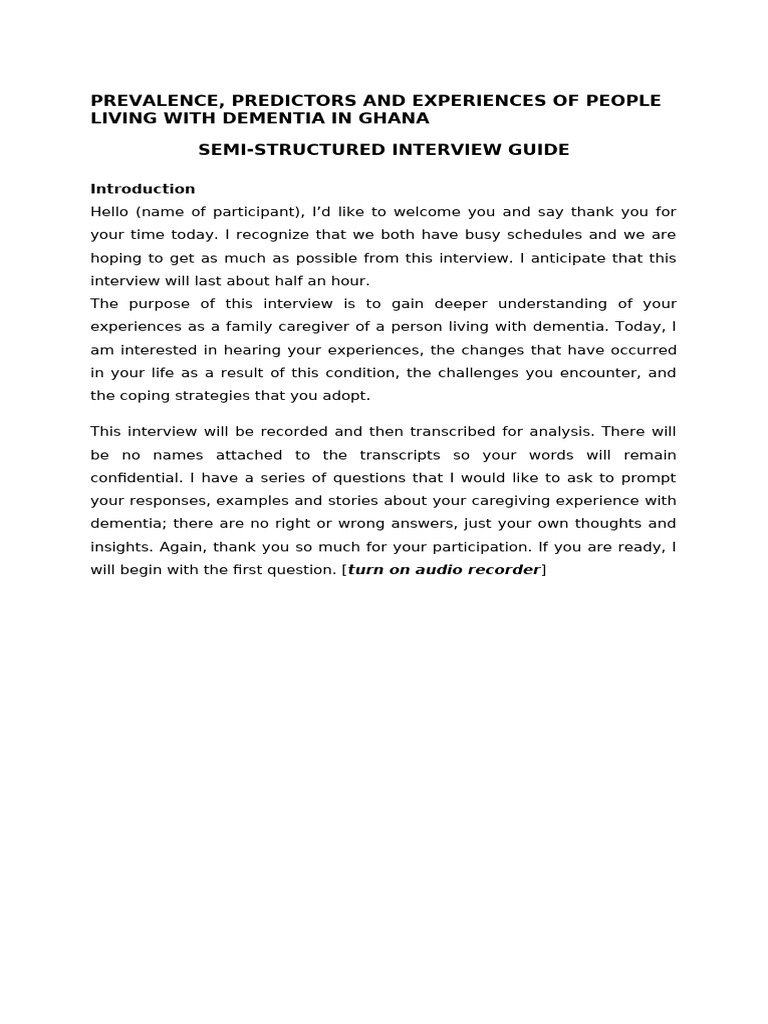 Semi Structured Interview Guide Prevalence Predictors and Experiences ...