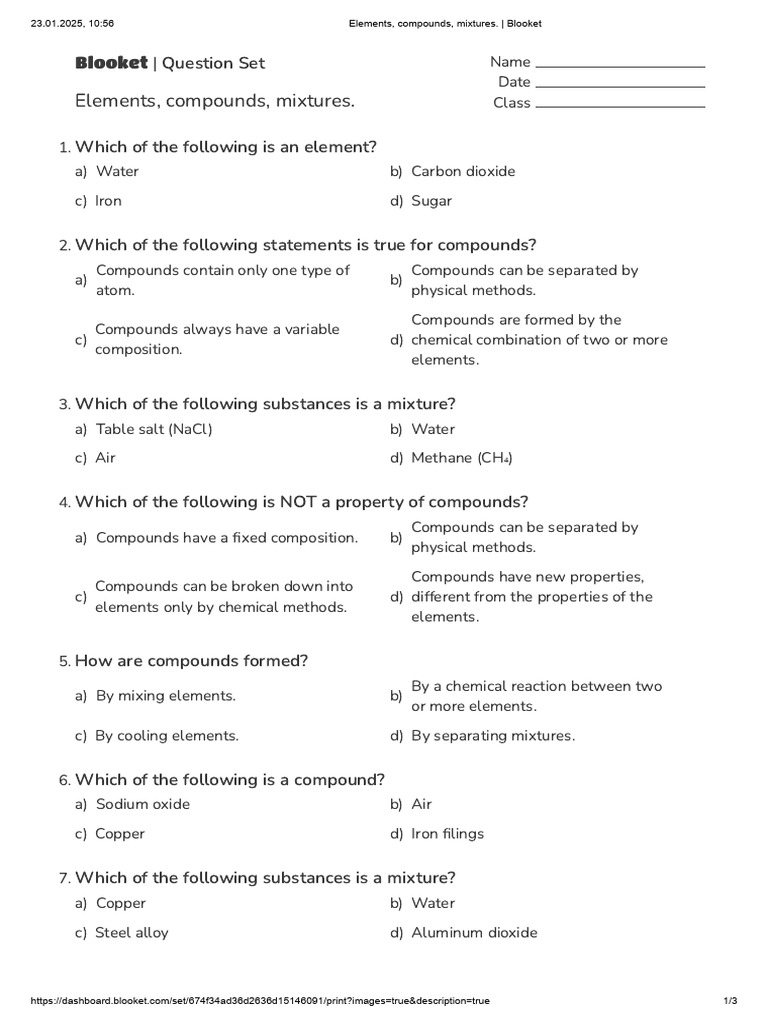 Elements, Compounds, and Mixtures Quiz | PDF | Chemical Substances ...