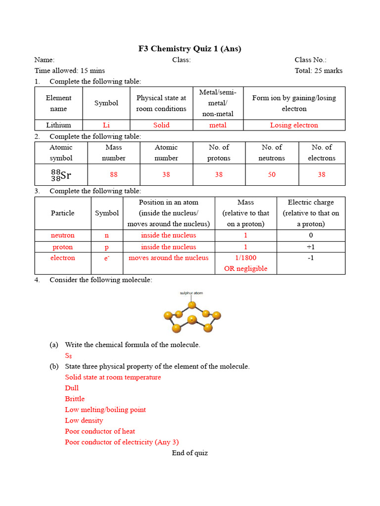 F3 Chemistry Quiz 1 2024 Ans New | PDF