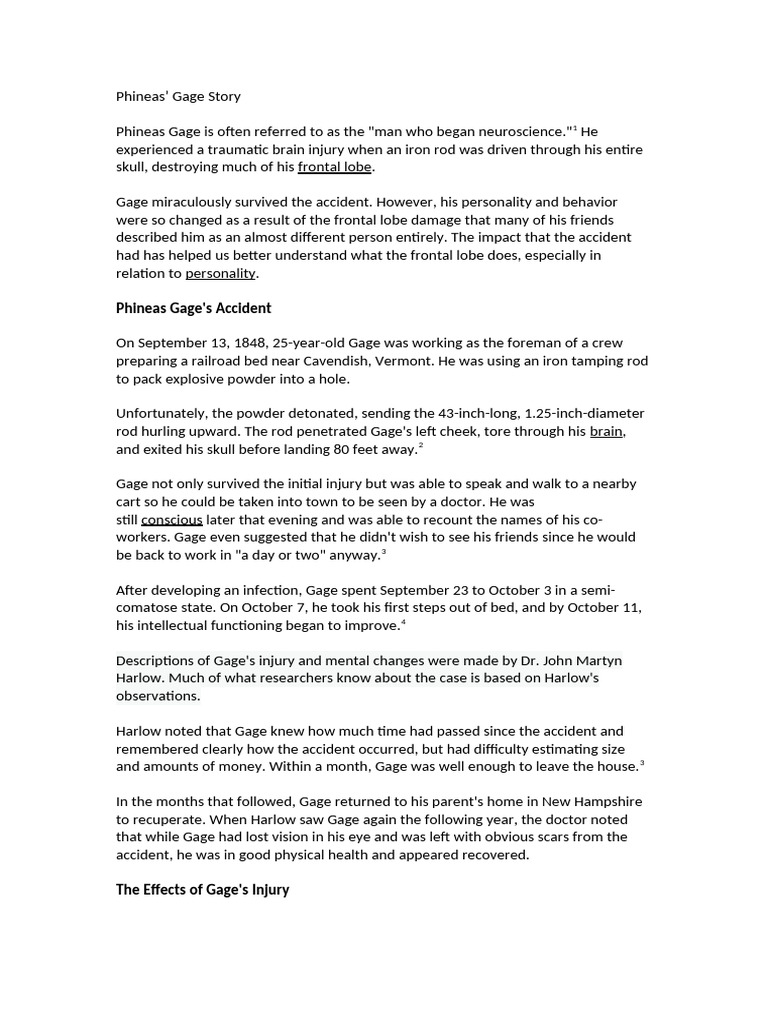 Physio Phineas Gage Story | PDF | Frontal Lobe | Psychological Concepts