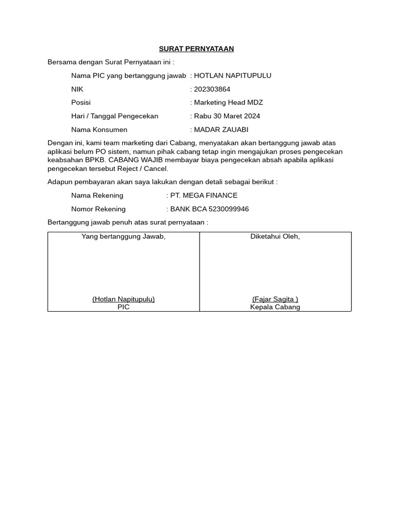 Surat Pernyataan Cek Absah Madar | PDF