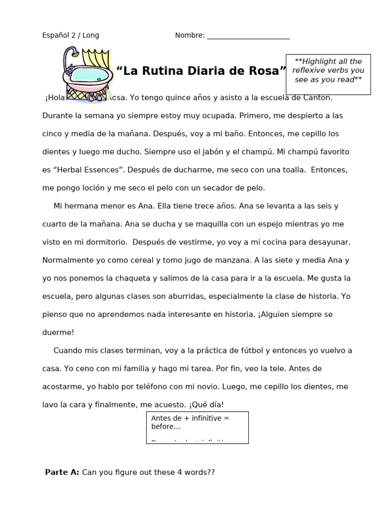 Reading. La Rutina Diaria de Rosa.2A 2 | PDF