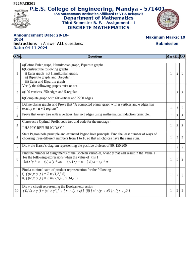 Dm-A2 - Csbs-P22macb301 | PDF | Boolean Algebra | Teaching Mathematics