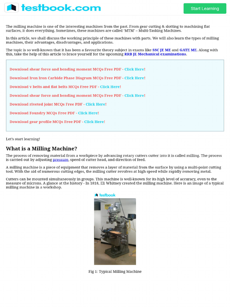 Milling Machine - Definition, Working, Parts & Applications | PDF