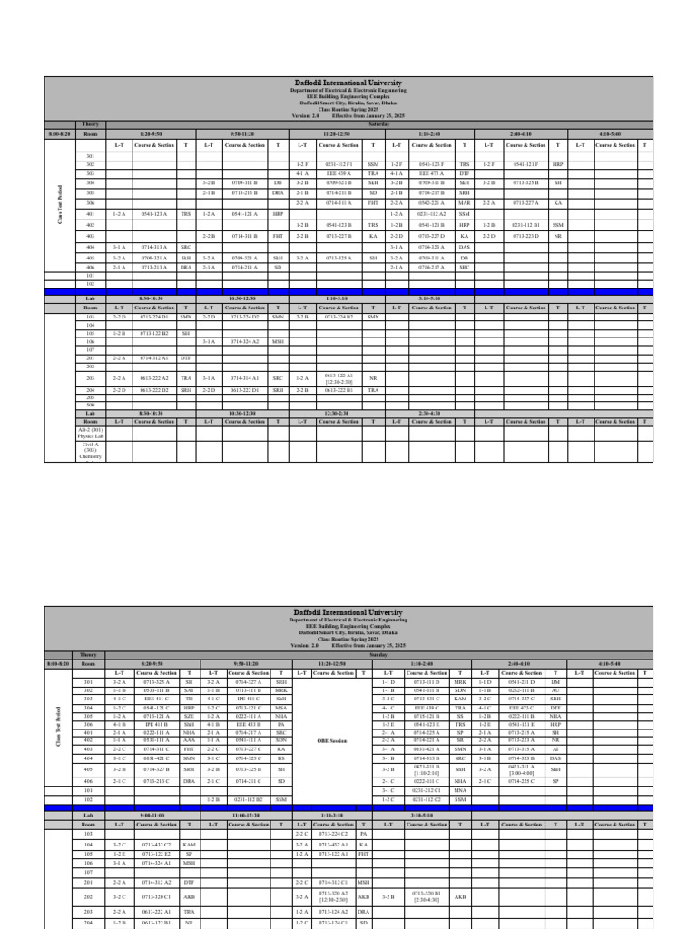 EEE Class Routine-Spring'25 (Version 2.0) | PDF | Natural Sciences ...