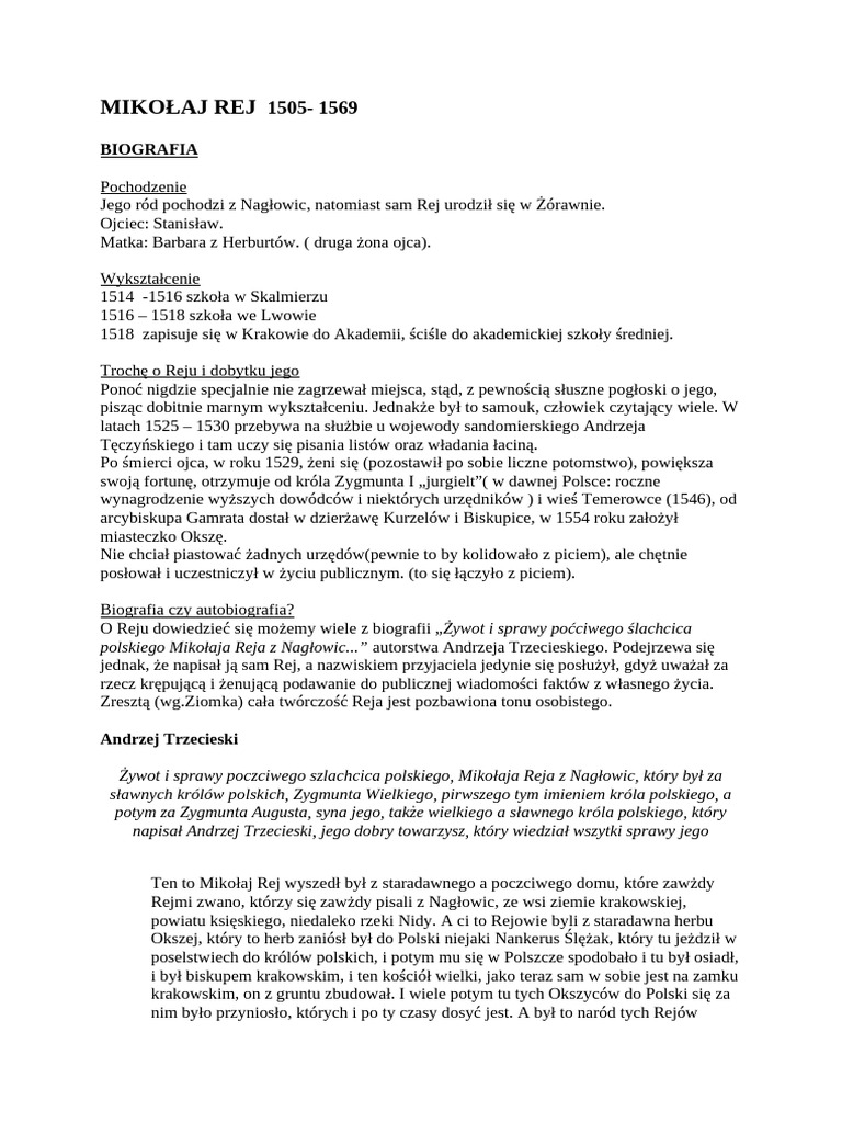 Mikołaj Rej - Utwory 2 - Streszczenia | PDF