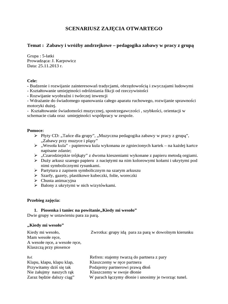 Zabawy I Wrózby Andrzejkowe - Scenariusz Zajęć 25.11.2013 | PDF
