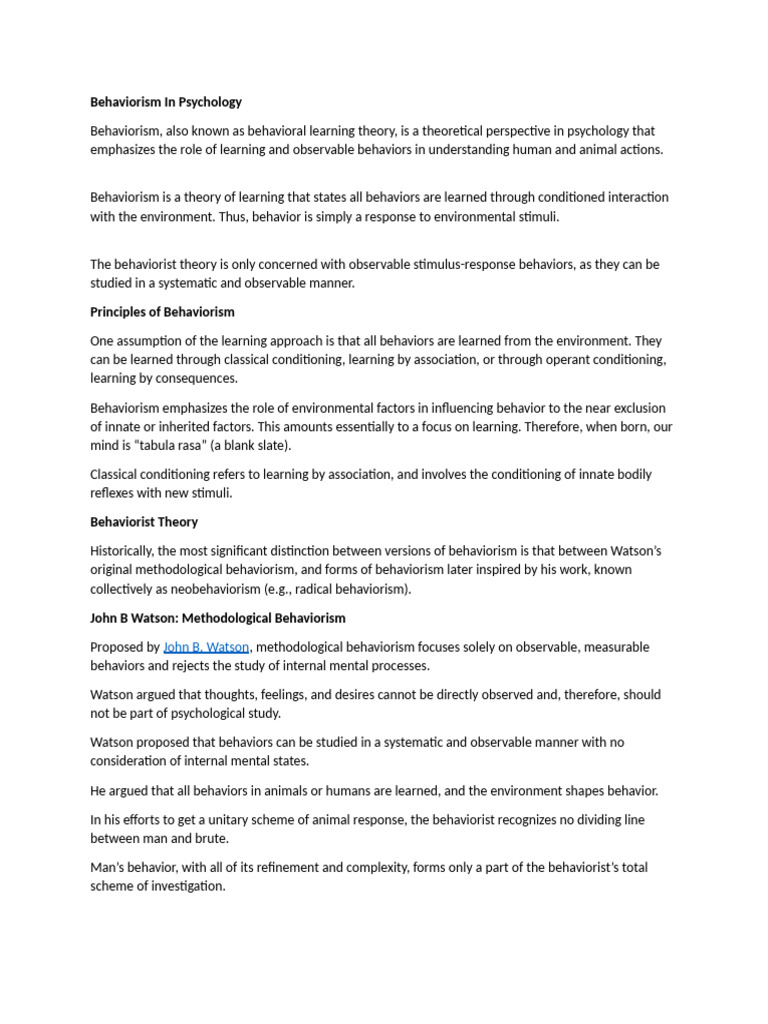 Understanding Behaviorism in Psychology | PDF | Behaviorism ...