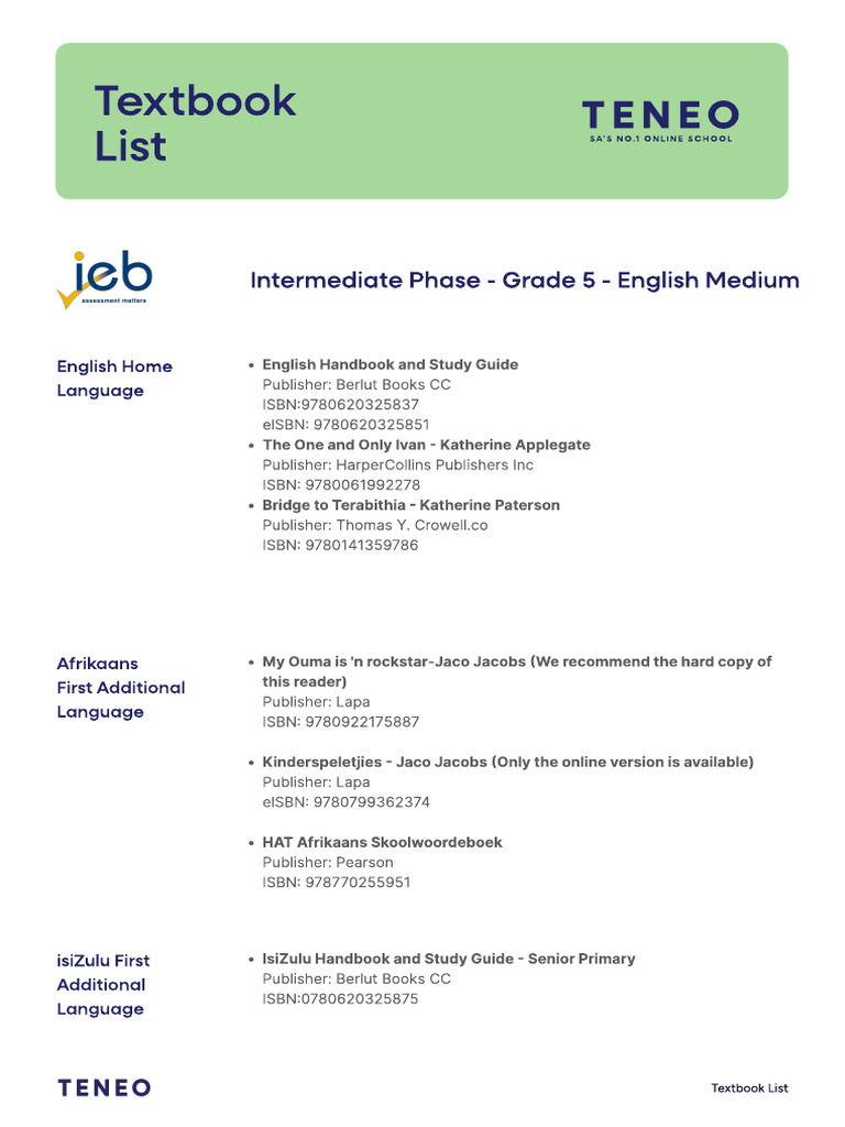 GR 5 - Intermediate Phase IEB - Textbook List 12-12 - 2024 | PDF