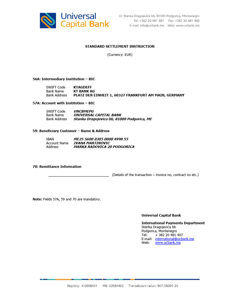 Standard Settlement Instructions For IVANA MARTINOVIC | PDF