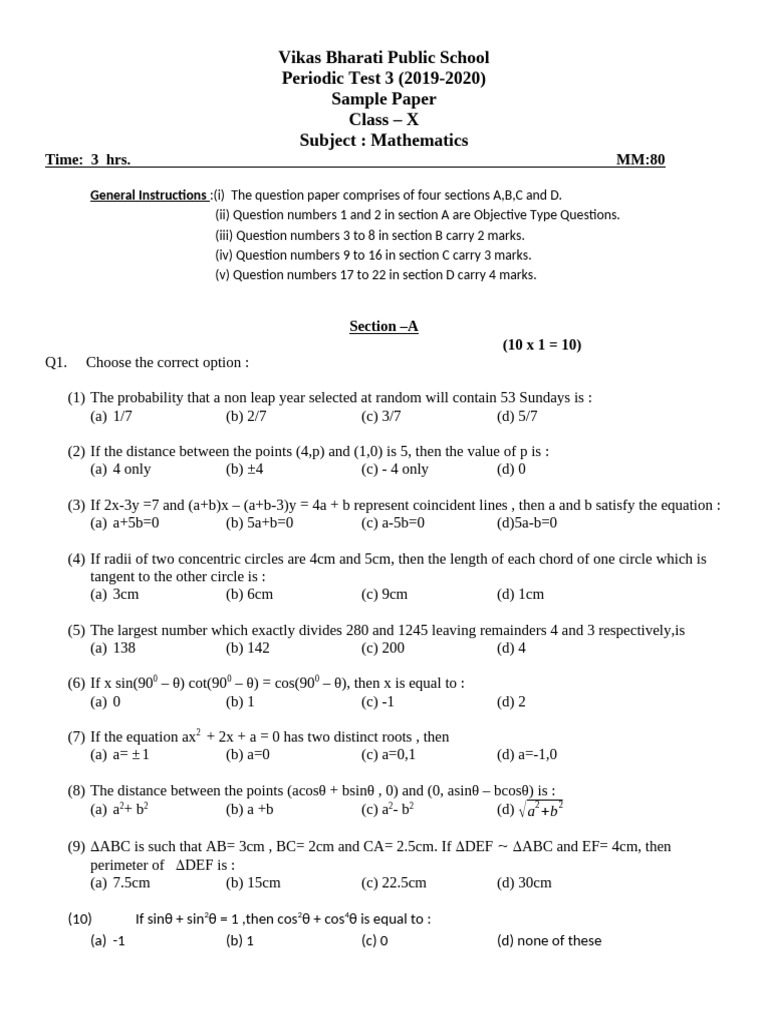 X Class Sample Paper 2019-20 | PDF | Circle | Triangle