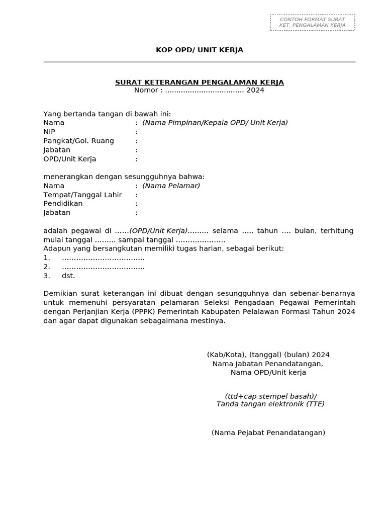 Lampiran IV Format Surat Keterangan Pengalaman Kerja | PDF
