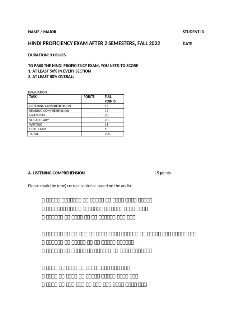 Hindi Proficiency 2 Semesters Online Fall 2022 | PDF
