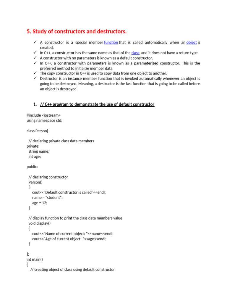 EXP-5 Constructors and Destructors | PDF | Constructor (Object Oriented Programming) | Programming