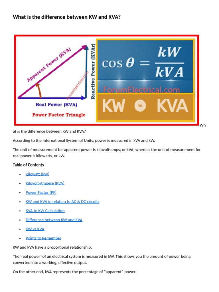 KW vs KVA: Understanding Power Units | PDF | Watt | Power (Physics)