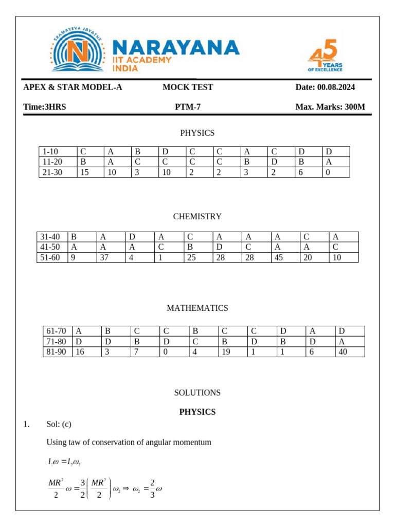 00.09.24 SR APEX MOCK TEST PTM-7 KEY&SOLUTIONS | PDF | Angular Momentum ...