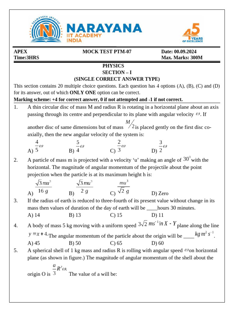 PTM-07 Physics Mock Test Overview | PDF | Rotation Around A Fixed Axis ...