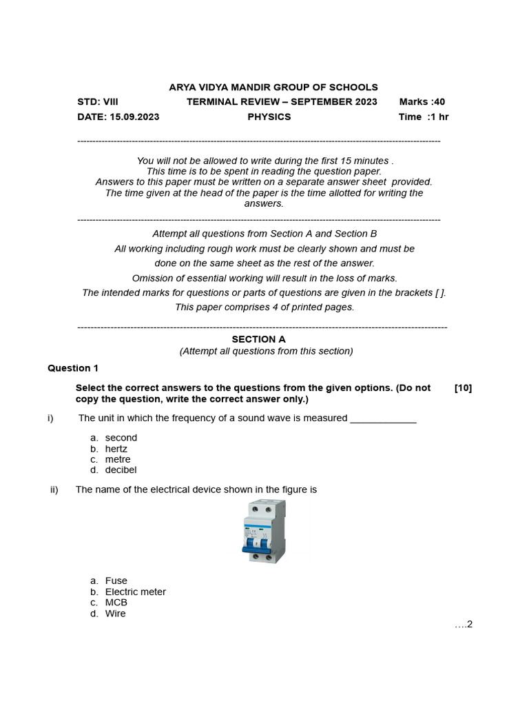 Physics Terminal Review for Std VIII | PDF | Sound | Force