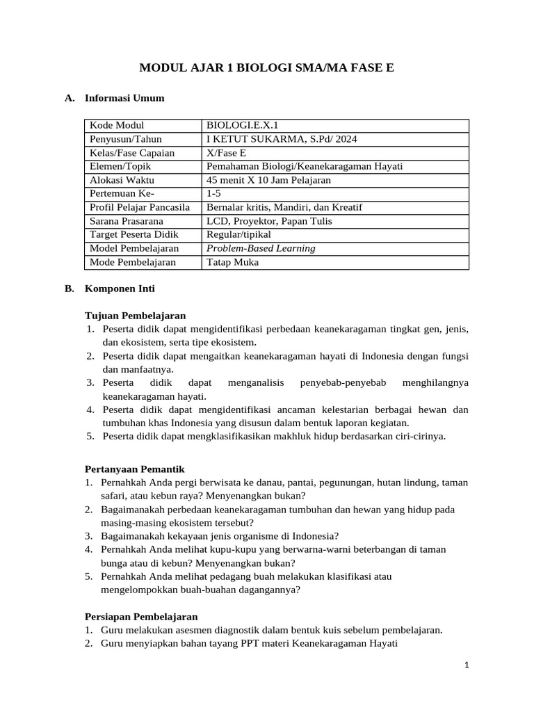 Modul Ajar 1 Biologi Sma | PDF