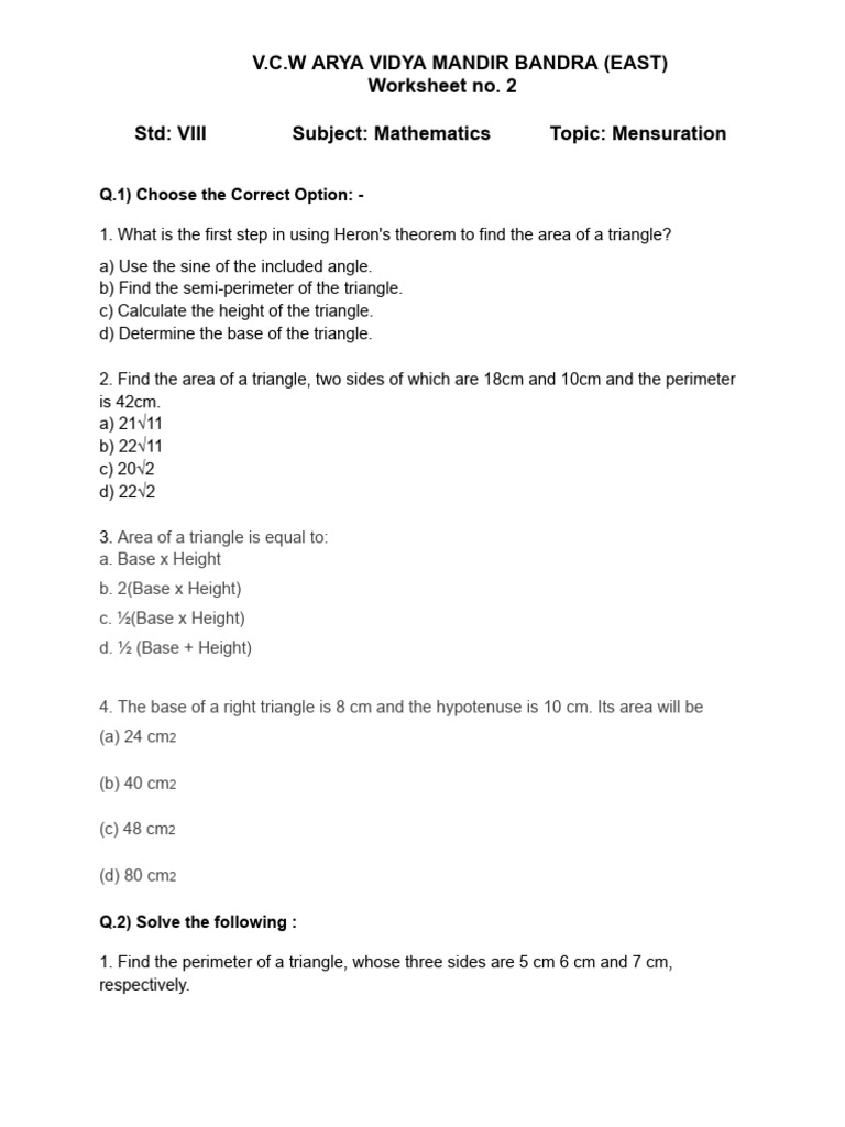 Mensuration Worksheet - 2 | PDF