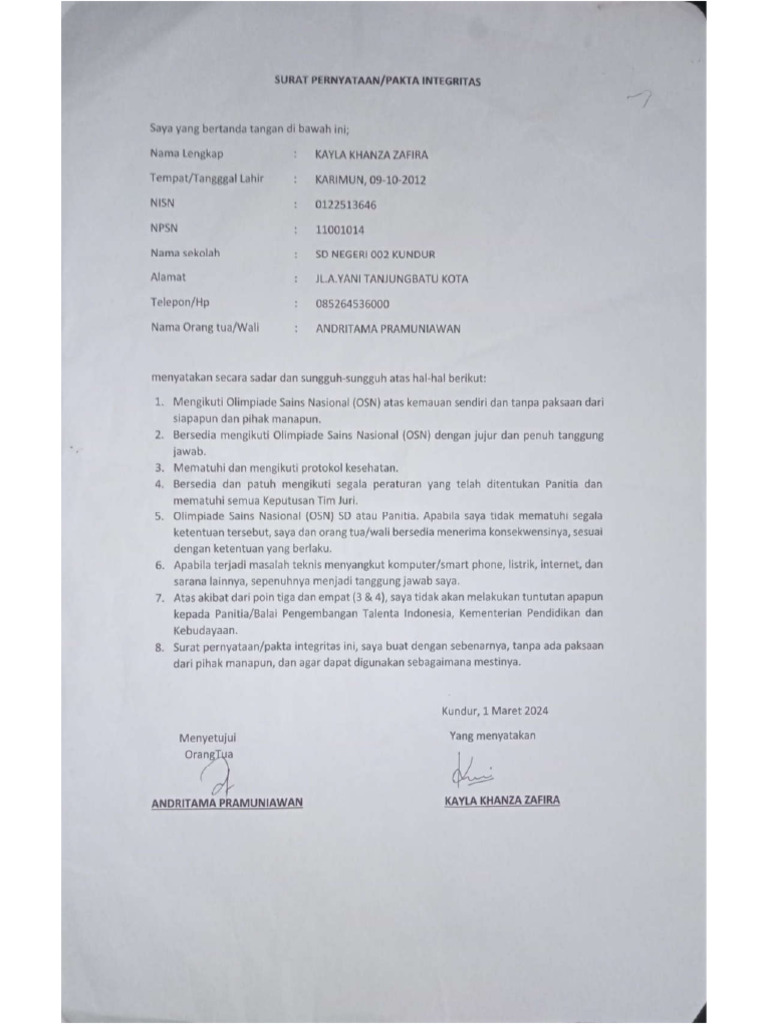 Pakta Intergritas Kayla | PDF