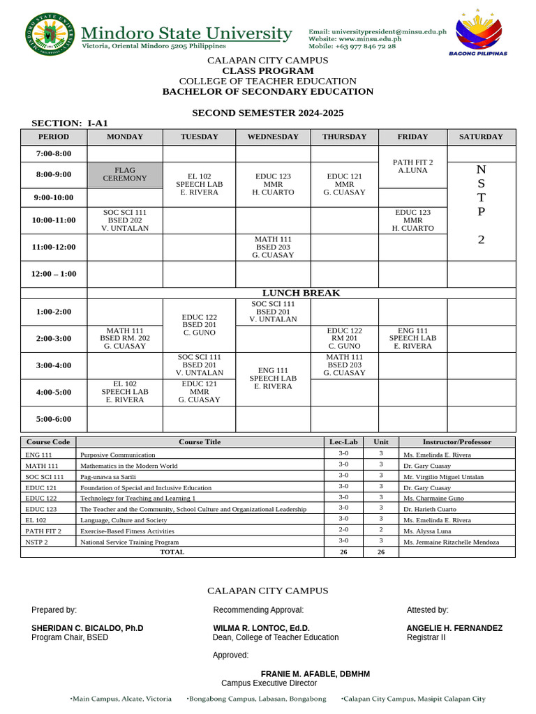Calapan City BSED Class Schedule 2024-2025 | PDF