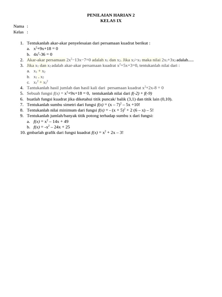 PENILAIAN HARIAN 2 kls 9 ganjil | PDF