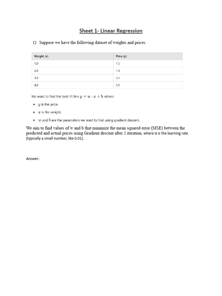 Sheet 3 Linear Regression.docx | PDF | Mean Squared Error | Regression Analysis