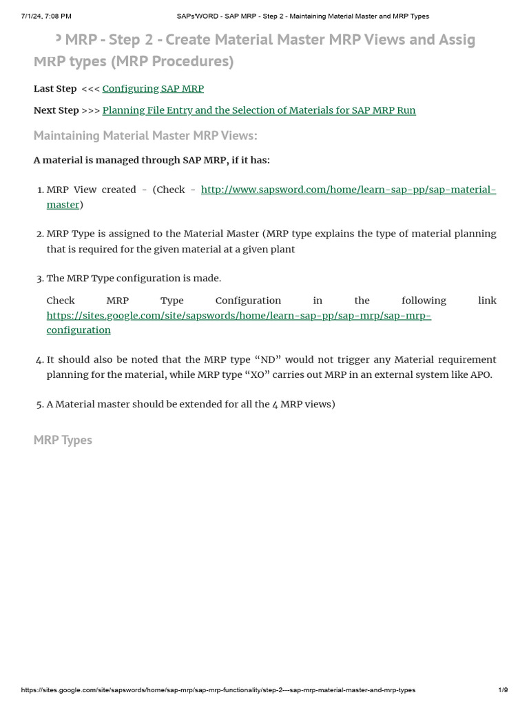 SAPs'WORD - SAP MRP - Step 2 - Maintaining Material Master and MRP Types | PDF