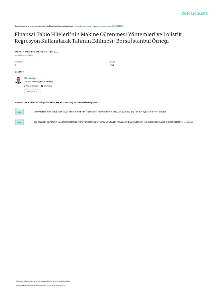 FinansalTabloHileleri Ninmakine Renmesiy ntemleriveLojistikRegresyonKullan larakTahminEdilmesi ...